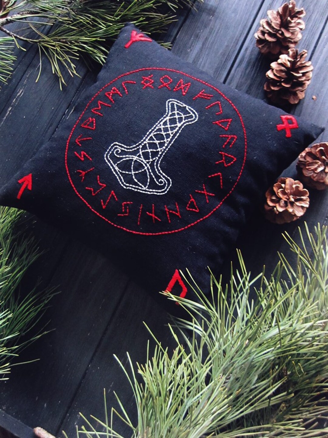 Mjolnir Thors Hammer Handmade Embroidery Pagan Heathen Futhark Runes ...