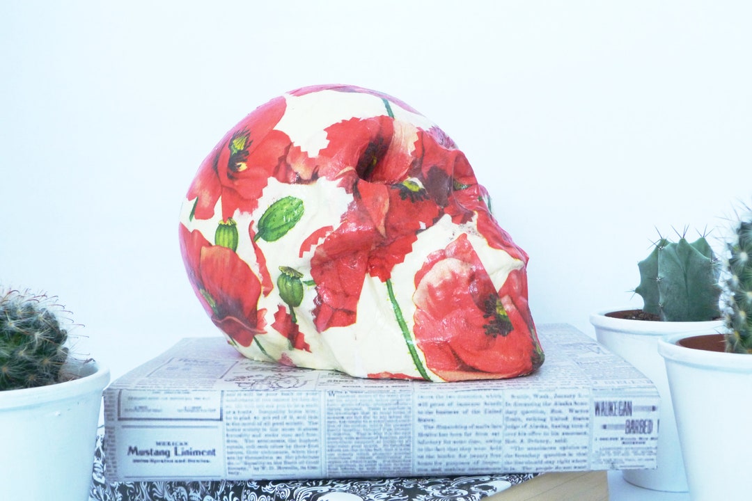 Red Poppy Decoupage Skull: Gothic Plaster Ornament - Etsy