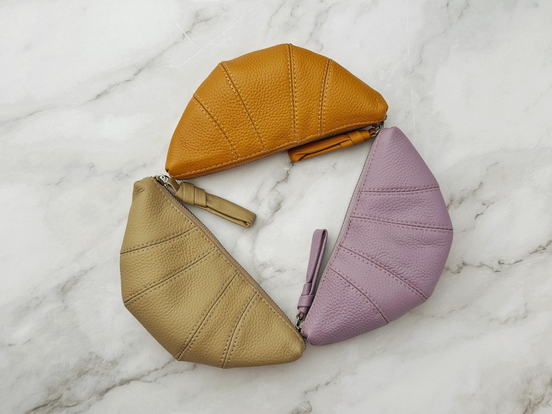 Leather Croissant Pouch With Keychain and Lobster Hook, Zipper Coin ...