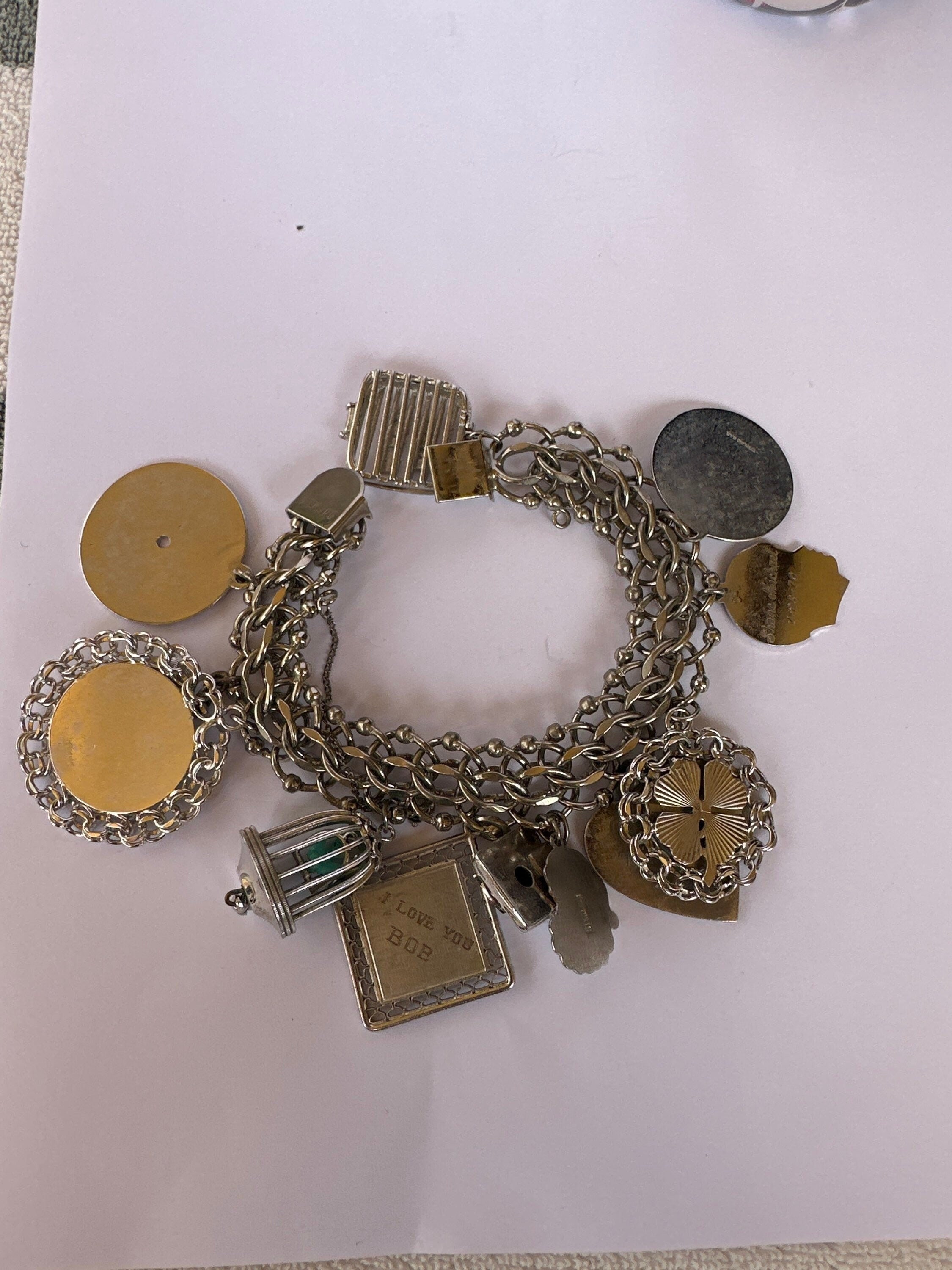 Vintage Sterling Silver Heavy Double Link Charm Bracelet 8, 12 Charms ...