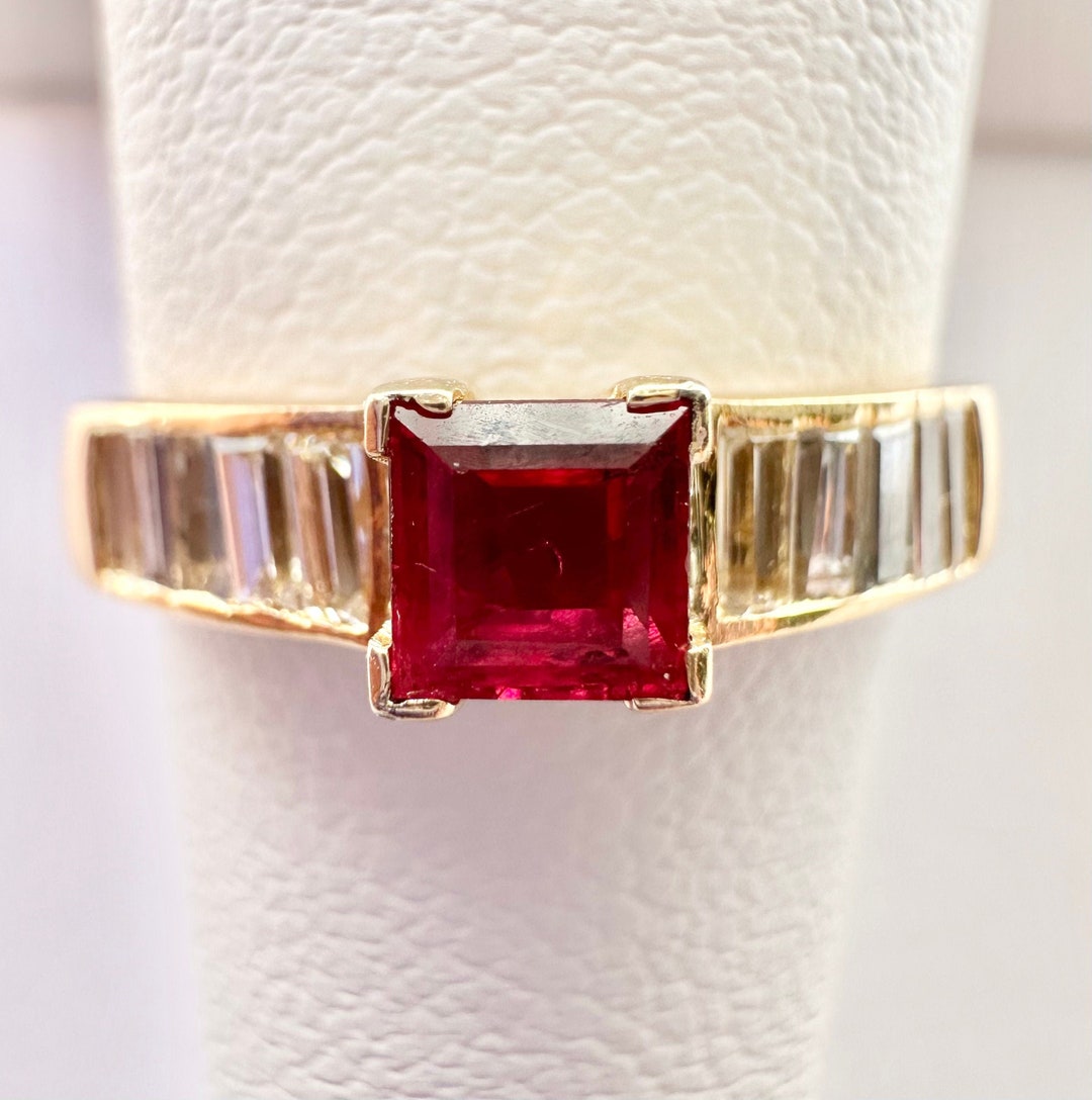 Natural Ruby Princess Cut and Diamond Baguette Ring – 18K Yellow Gold ...