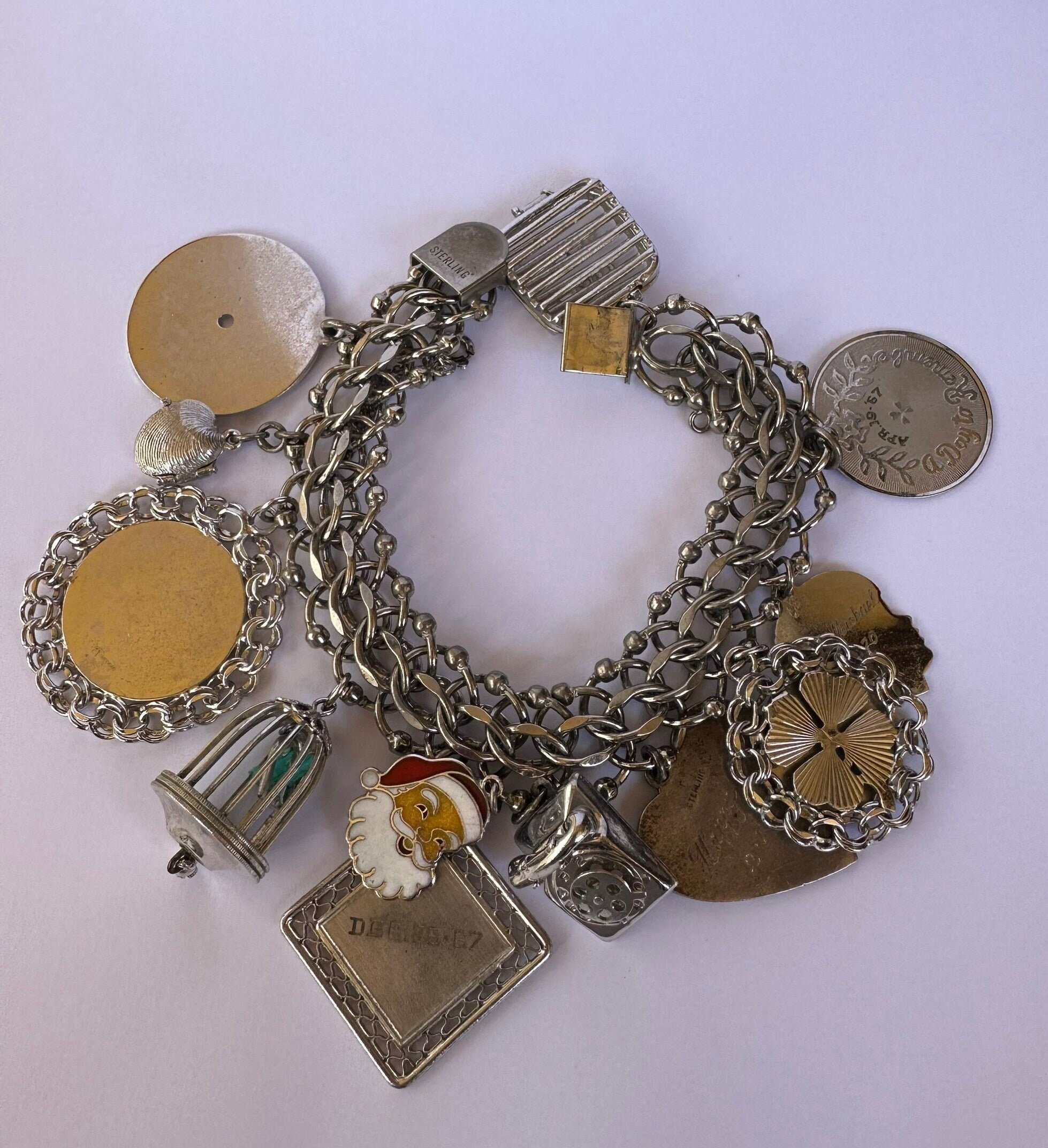 Vintage Sterling Silver Heavy Double Link Charm Bracelet 8, 12 Charms ...
