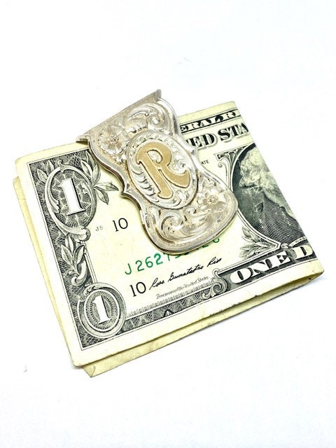 Gist Western Engraved Money Clip Sterling Silver Gold Filled Mono R - Etsy