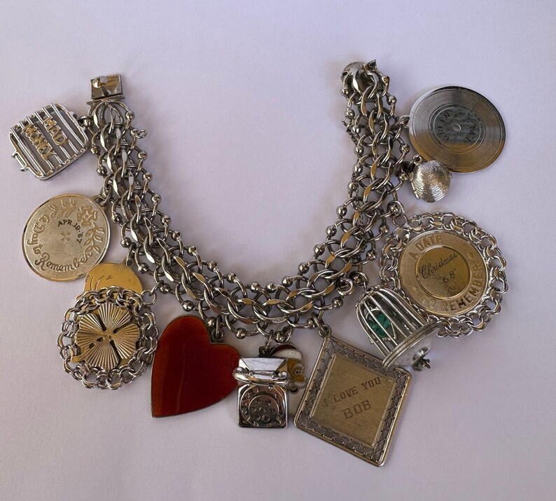 Vintage Sterling Silver Heavy Double Link Charm Bracelet 8, 12 Charms ...
