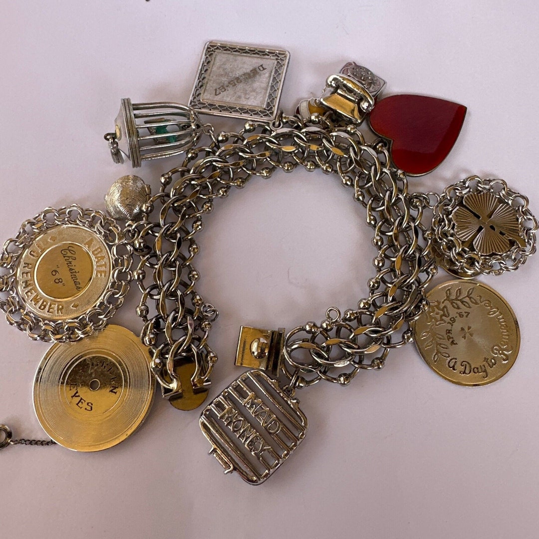 Vintage Sterling Silver Heavy Double Link Charm Bracelet 8, 12 Charms ...