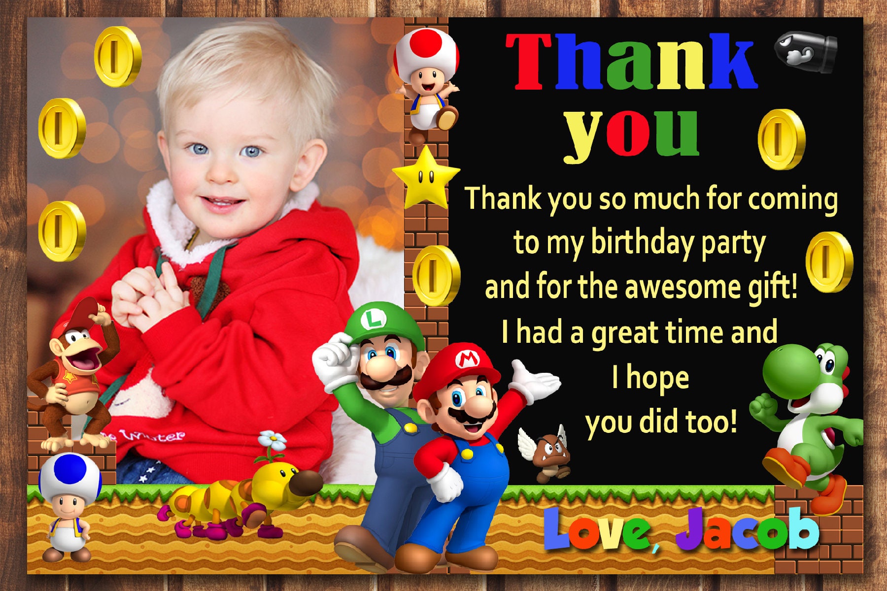 Super Mario Thank You Card Super Mario Birthday Thank You Etsy