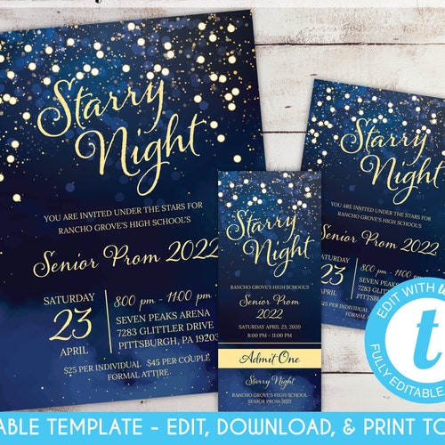 EDITABLE Prom Dance Invitation. Starry Night Gold Glitter an - Etsy