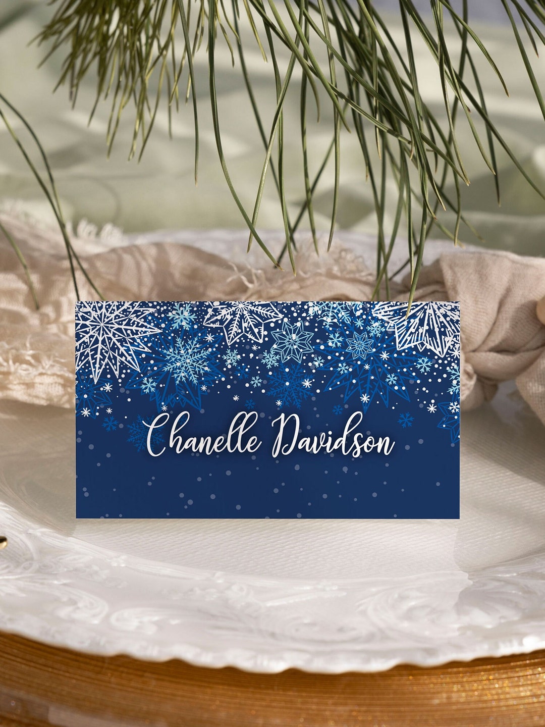 Editable Elegant Holiday Place Card Blue Snowflake Tent Name Card ...