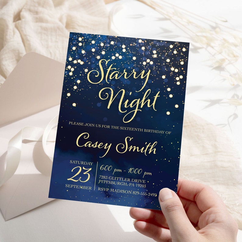 Starry Night Birthday Invitation: Navy Blue Celestial Sweet 16 ...