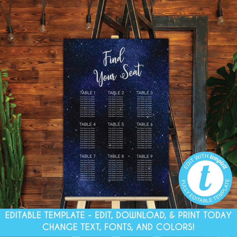 Starry Night Wedding Seating Chart: Celestial Navy Blue (editable ...