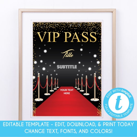 EDITABLE Hollywood Party Sign 8x10 VIP Pass Hollywood Red | Etsy