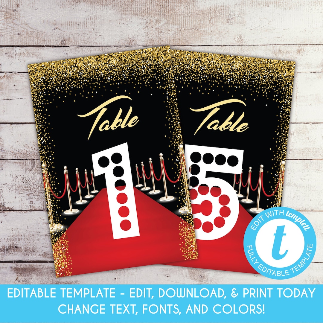 Editable VIP Pass Hollywood Red Carpet Table Numbers Hollywood Birthday ...