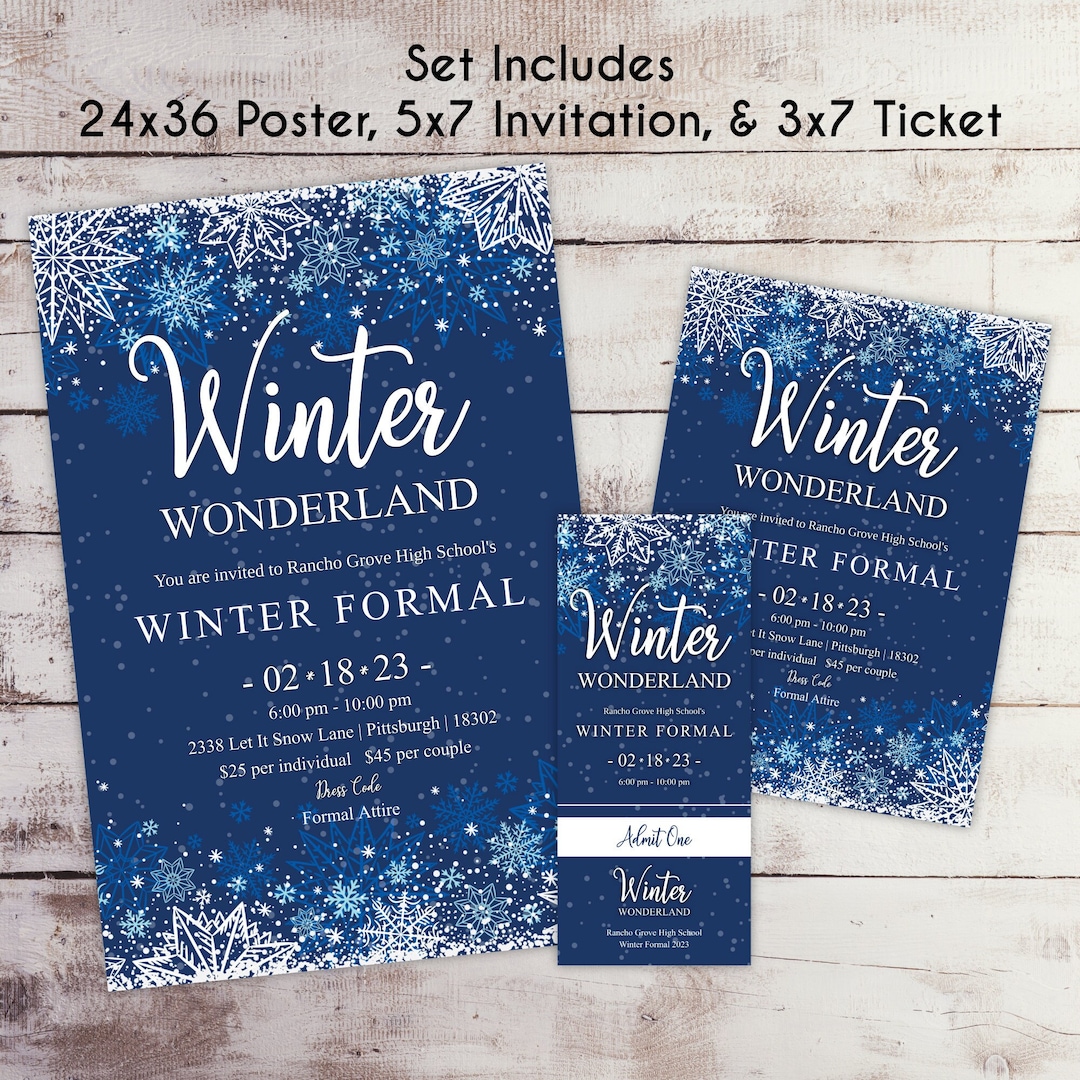 Editable Winter Formal Dance Invitation Set Winter Wonderland School ...