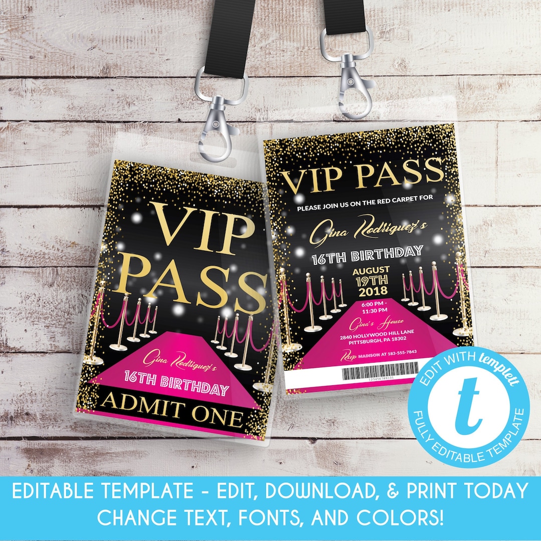 Editable VIP Pass Birthday Invitation Lanyard Insert Hollywood Birthday ...