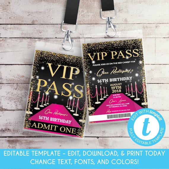EDITABLE VIP Pass Birthday Invitation Lanyard Insert - Etsy