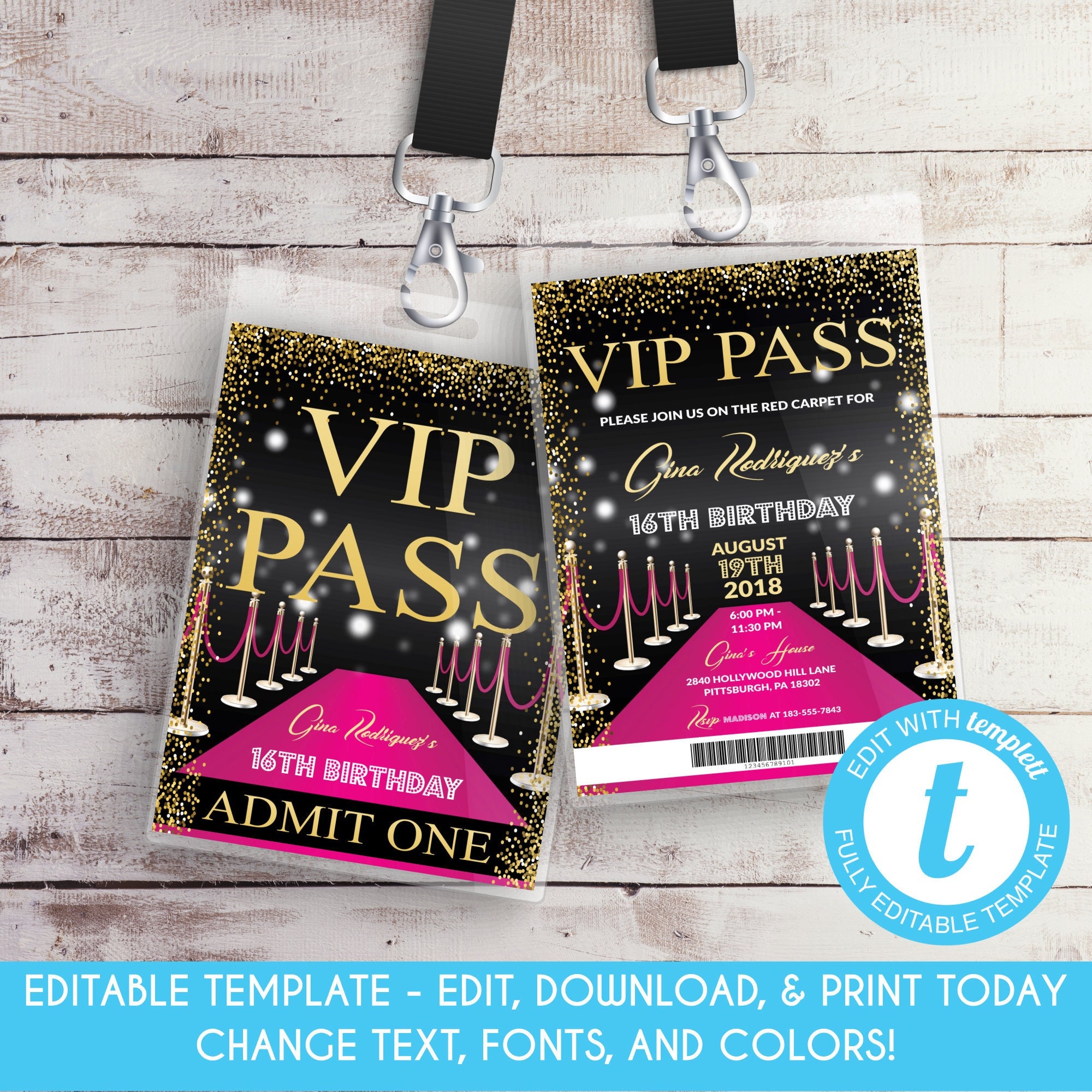EDITABLE VIP Pass Birthday Invitation Lanyard Insert - Etsy
