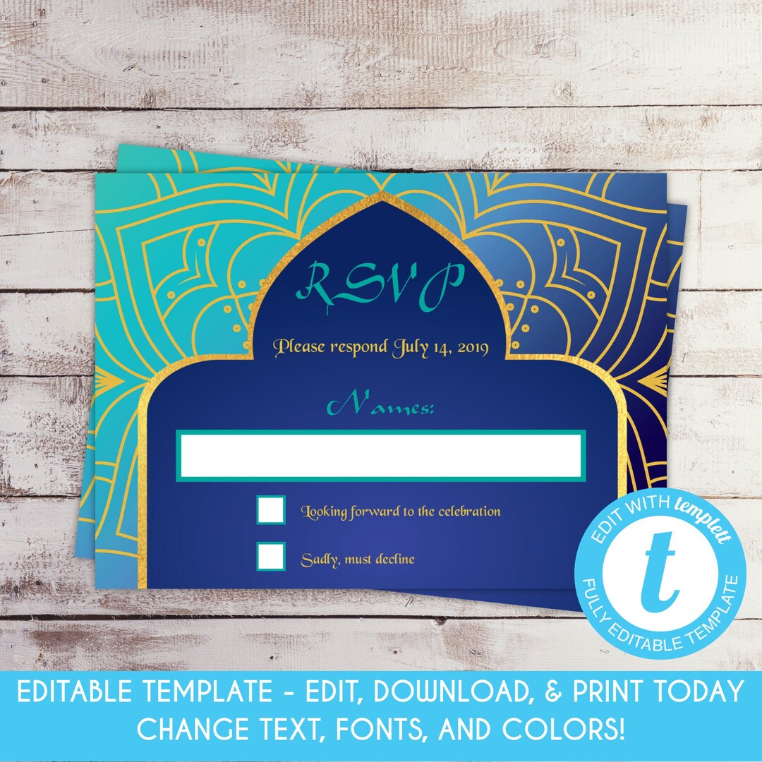 Editable Arabian Nights RSVP Card Moroccan Sweet 16 Indian Bridal Shower Invite Aladdin Birthday ...