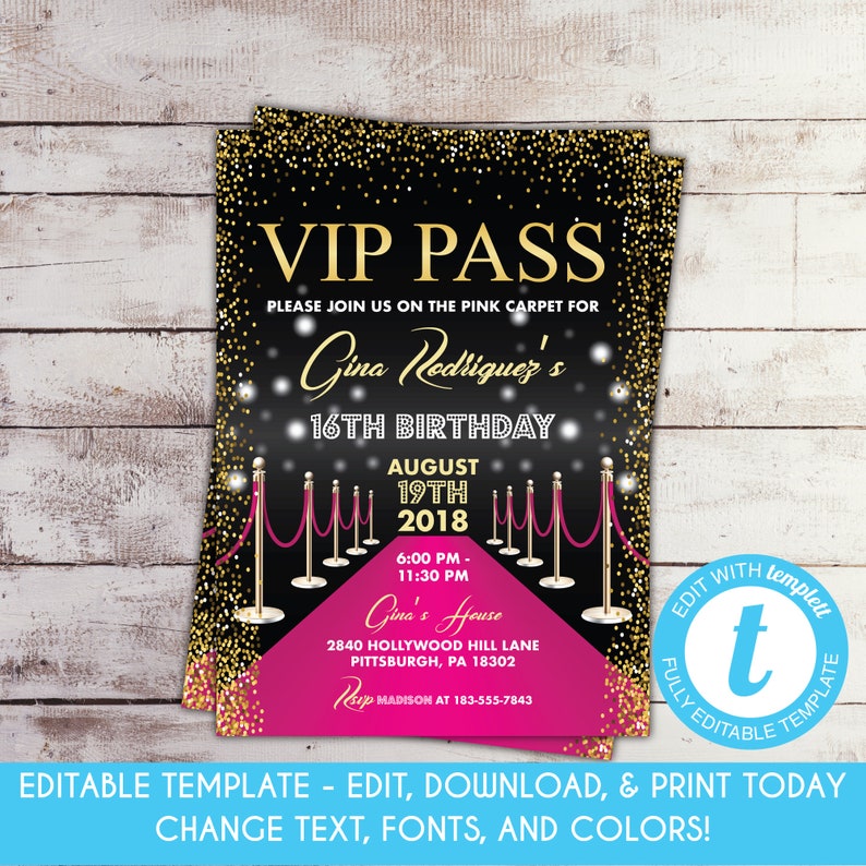 Pink Hollywood Birthday VIP Pass Invitation: Red Carpet Lanyard Insert ...