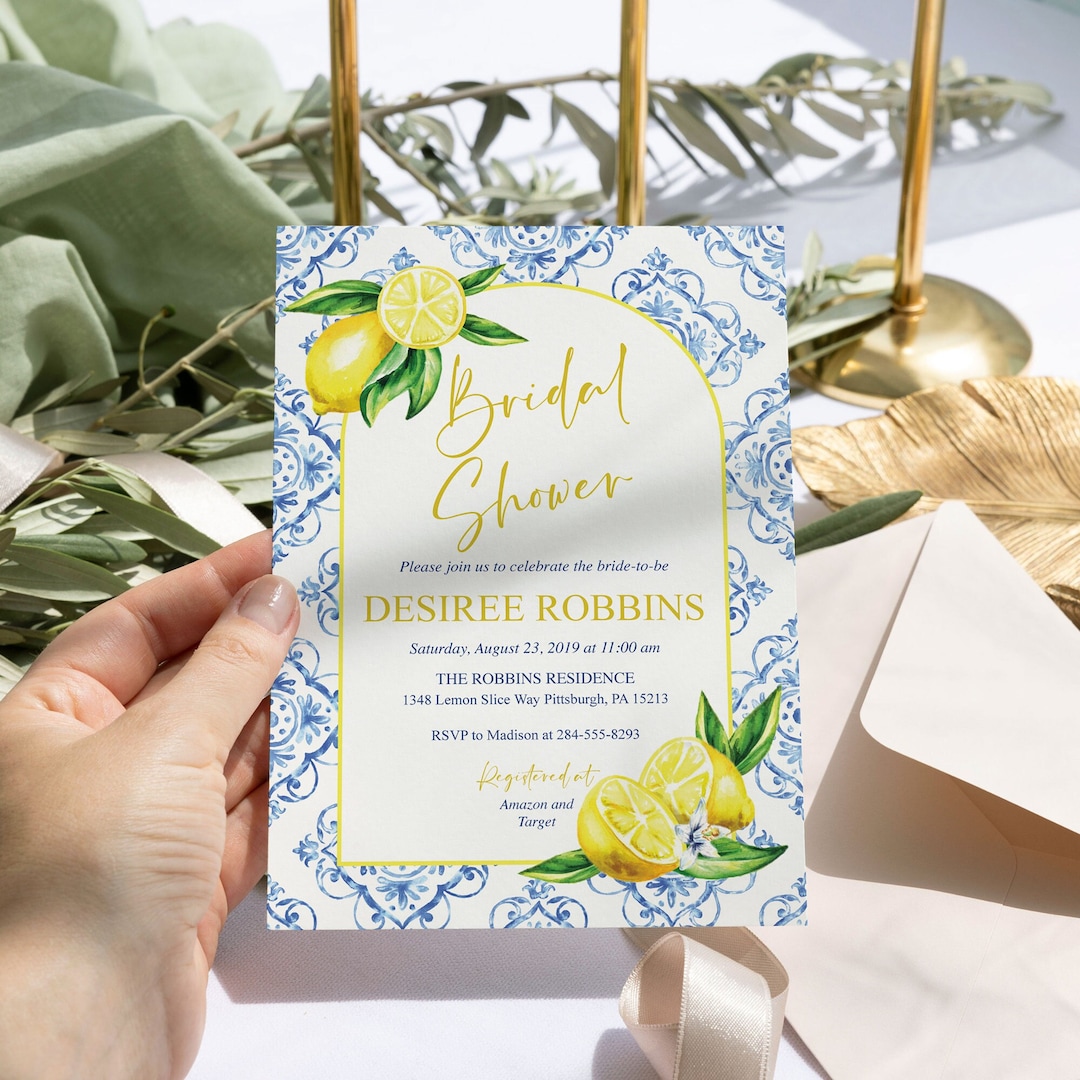Lemon Bridal Shower Invitation: Blue Tile, Positano Theme (editable ...