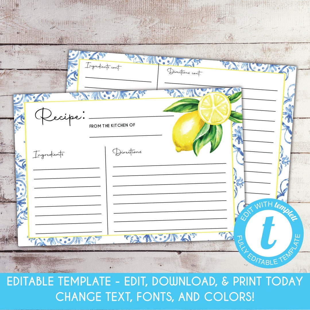 EDITABLE Lemon Recipe Card Lemon Bridal Shower Recipe Card - Etsy