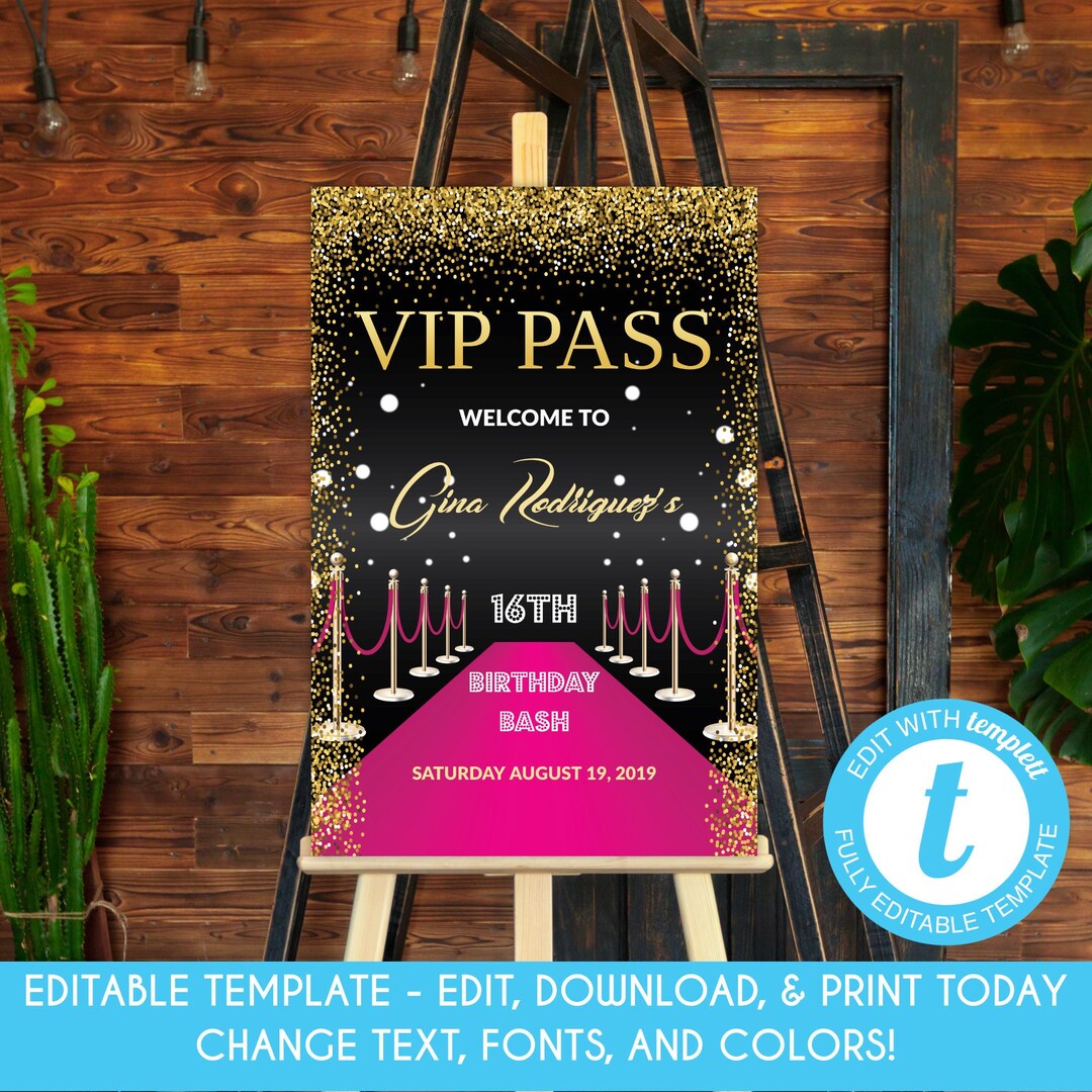 Editable Pink Hollywood Welcome Sign 24x36 VIP Pass Hollywood Red ...