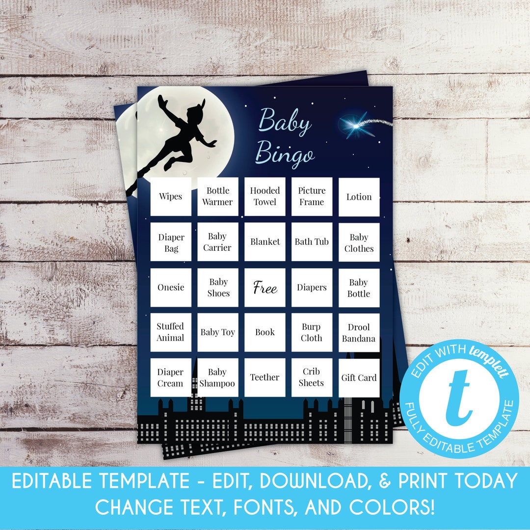 Peter Pan Baby Shower Bingo Game (editable, Printable) - Etsy