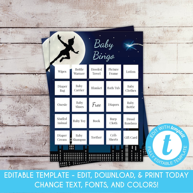 EDITABLE Baby Shower Bingo Cards Peter Pan Baby Shower Baby | Etsy