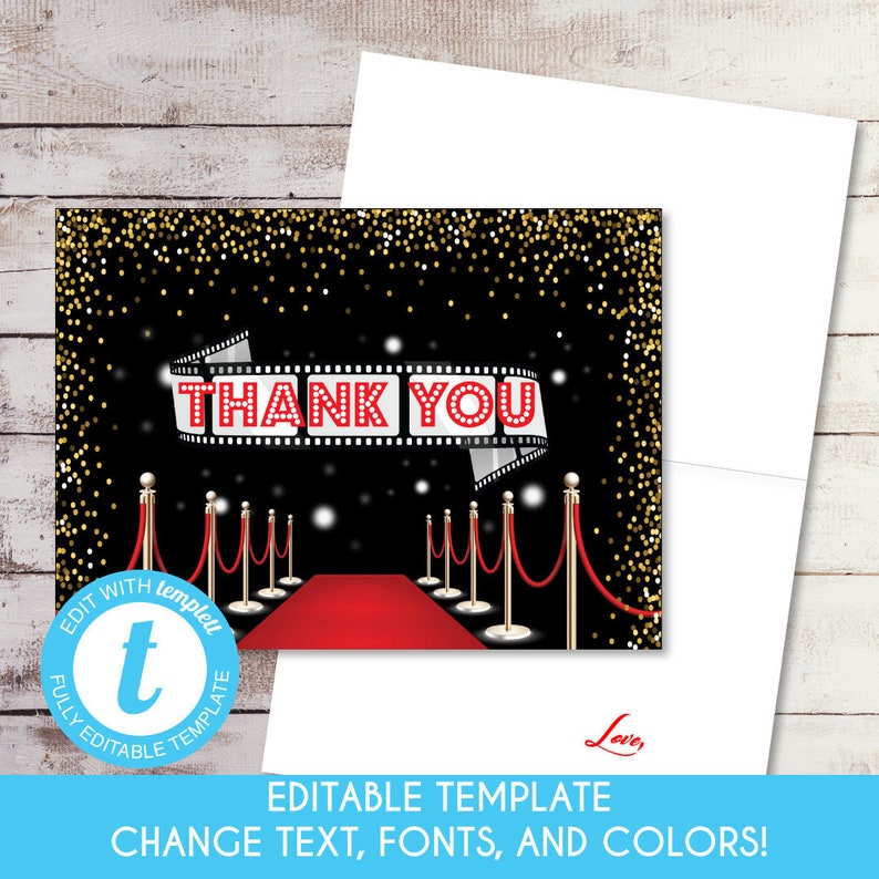 EDITABLE Hollywood Thank You Card Hollywood Birthday Template | Etsy