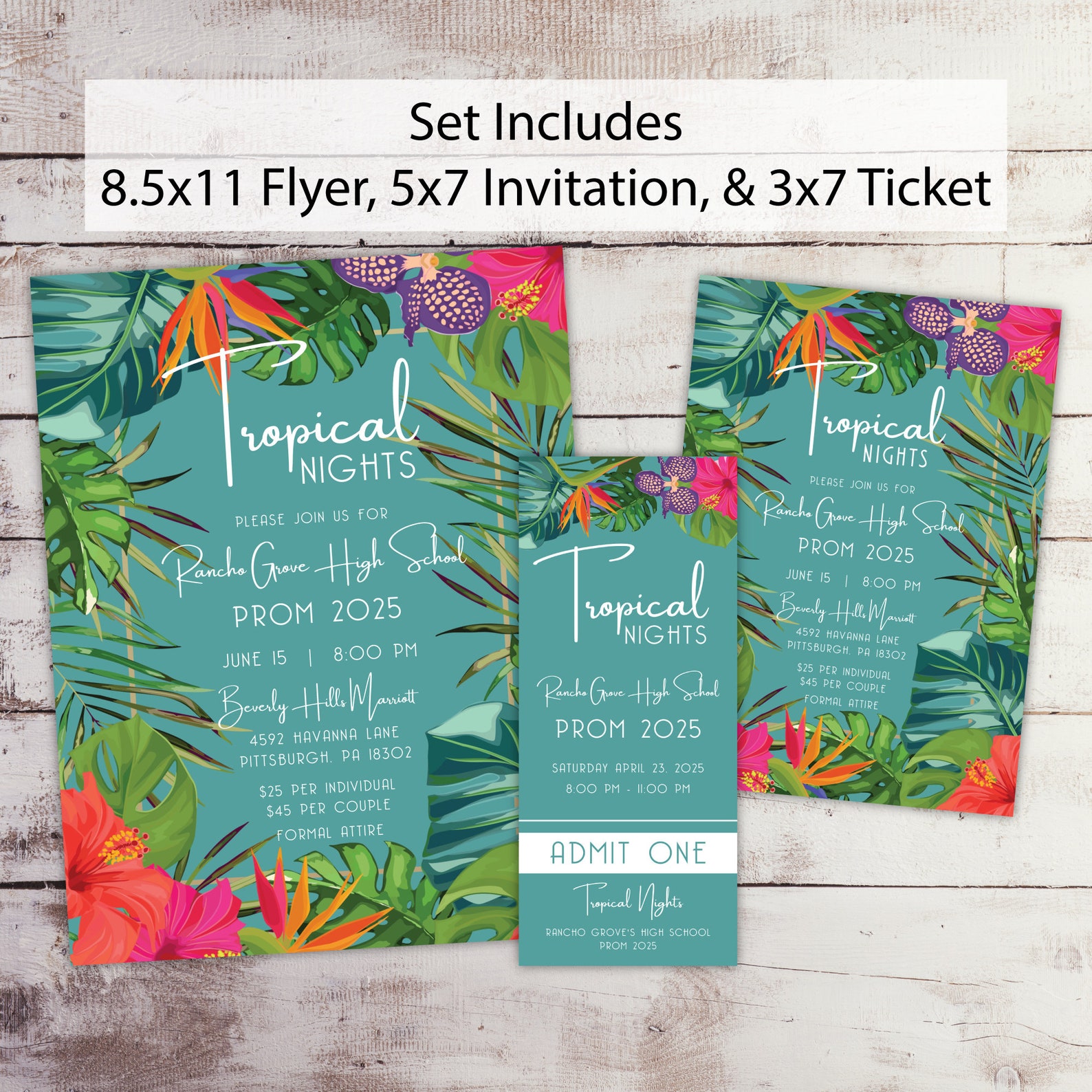 Tropical Nights Luau Prom Set: Invitation, Flyer, Ticket (editable ...