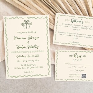 Editable Hand Drawn Wedding Invitation Green Modern Tropical Wedding ...