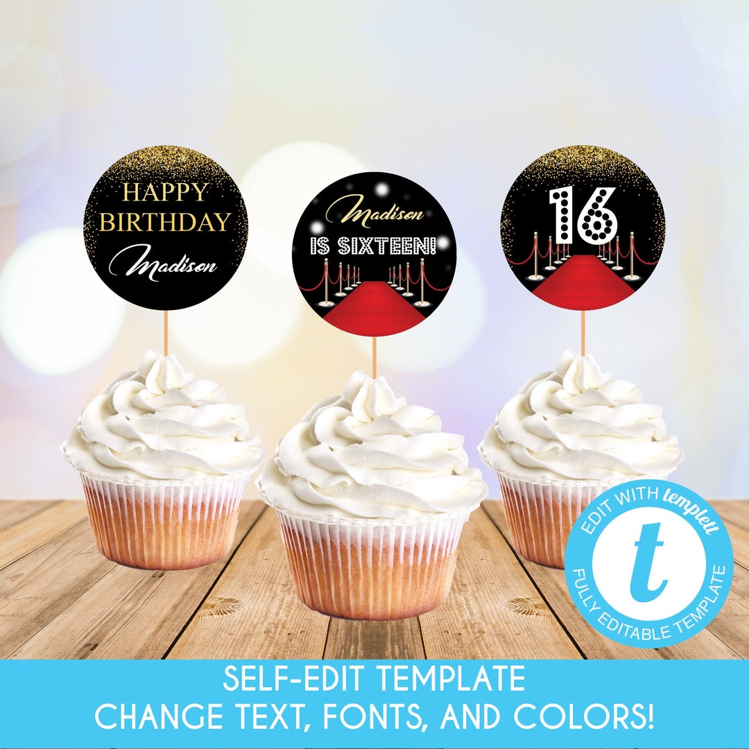 Editable VIP Pass Hollywood Cupcake Toppers Red Carpet Party ...