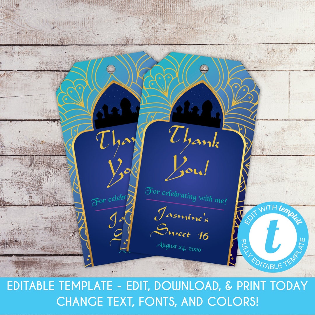Arabian Nights Birthday Favor Tags: Teal Blue Sweet 16 (editable ...