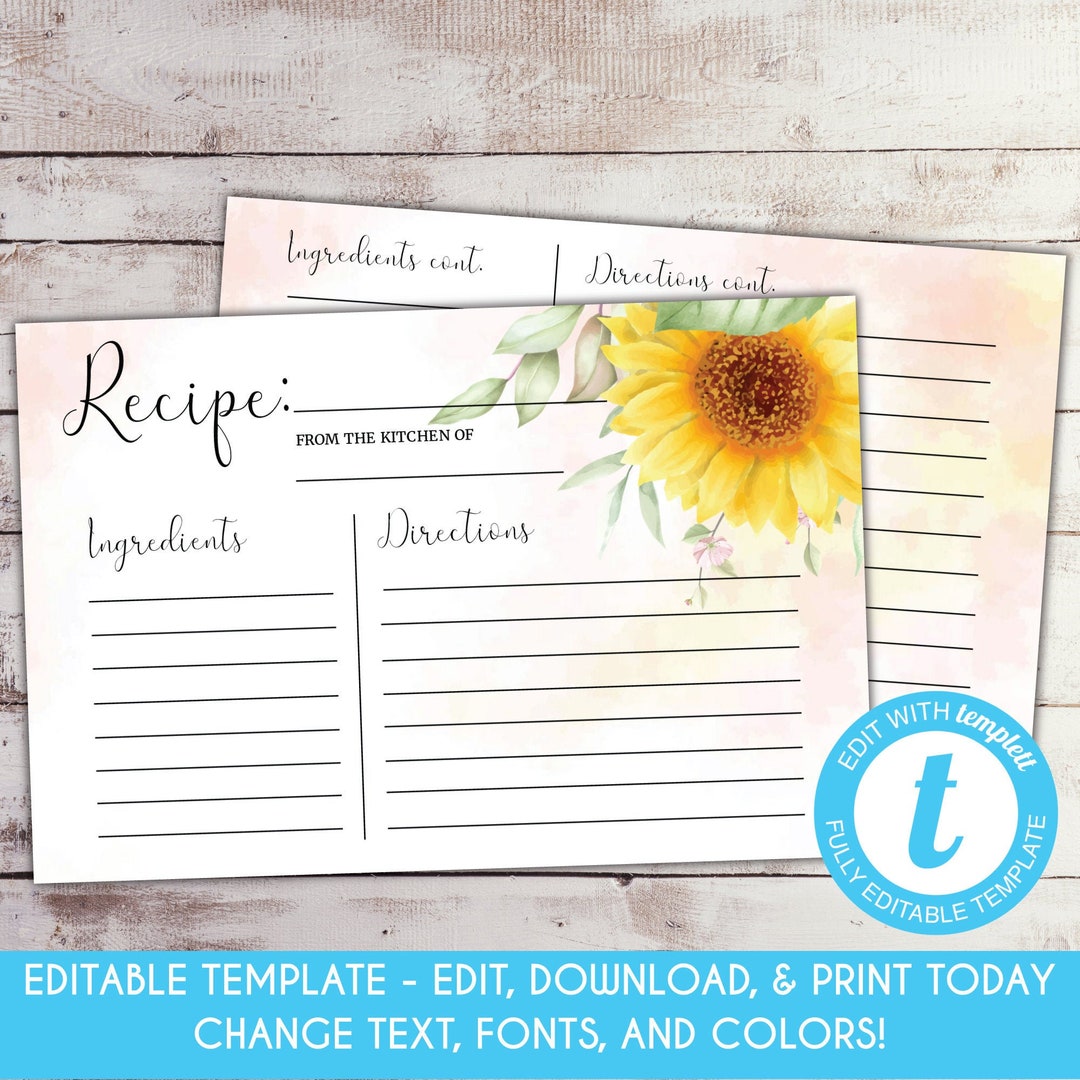 EDITABLE Sunflower Recipe Cards Sunflower Party Summer Floral Bridal ...