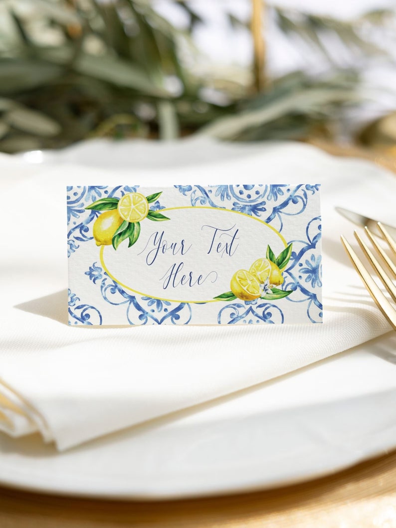 Lemon Table Number Card: Positano Blue Tile Wedding Decor (editable ...