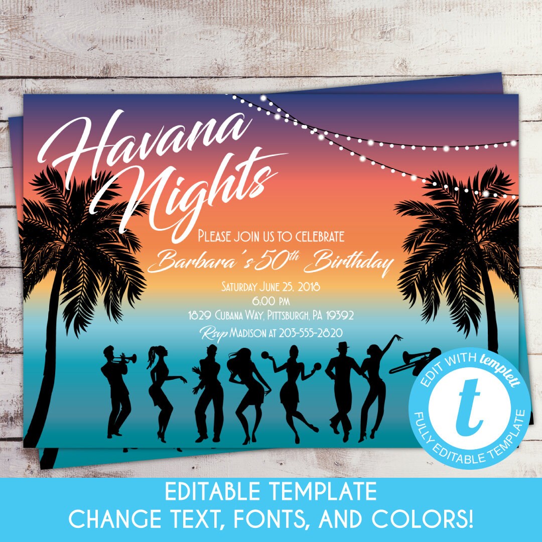 Havana Nights Birthday Invitation Cuban Party Tropical Etsy
