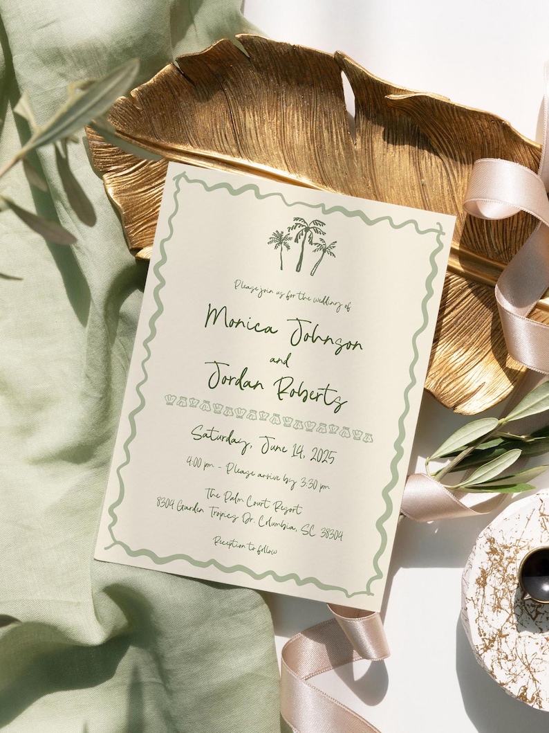 Sage Green Tropical Wedding Invitation Palm Tree Coastal Beach ...