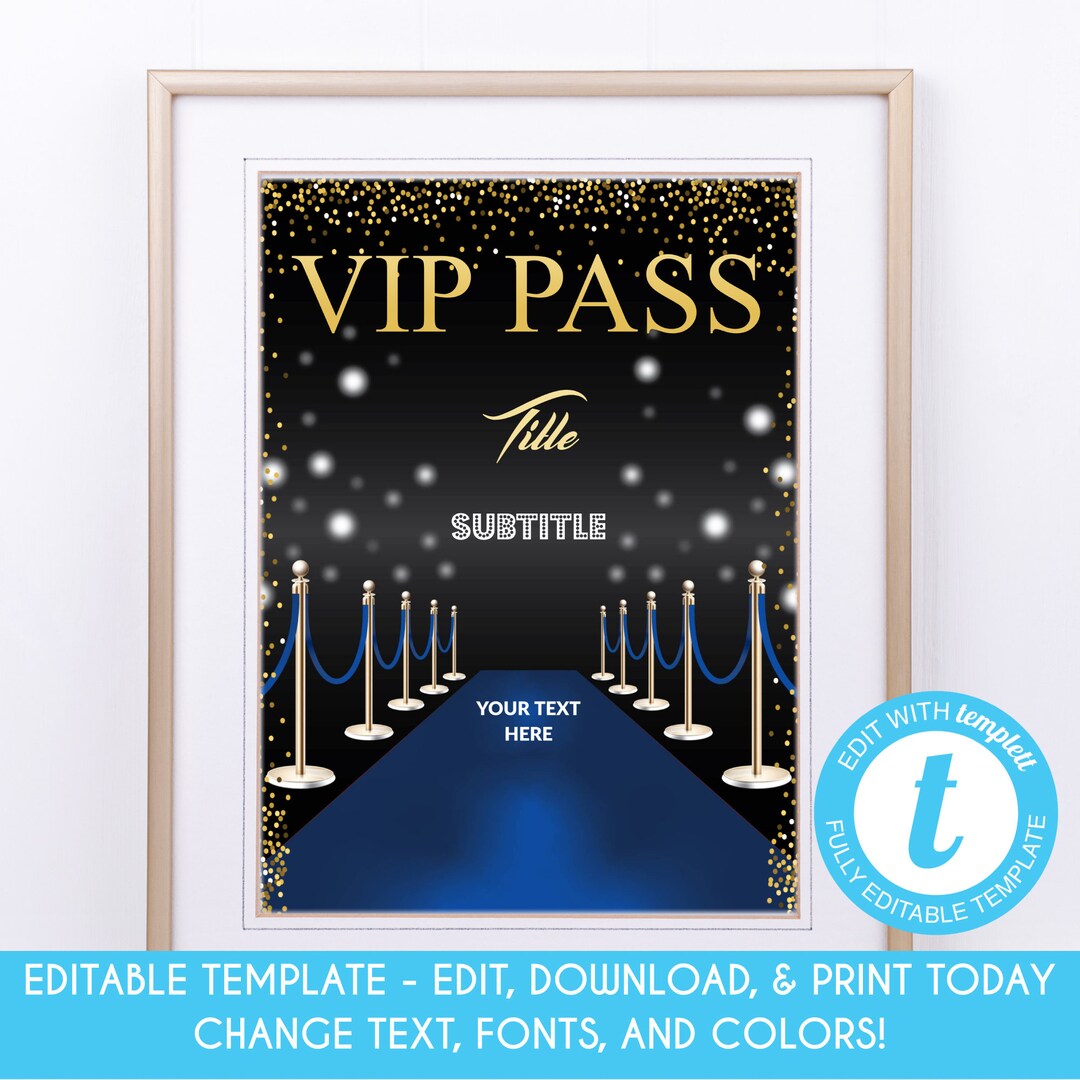 Editable Blue Hollywood Party Sign 8x10 VIP Pass Hollywood Red Carpet ...