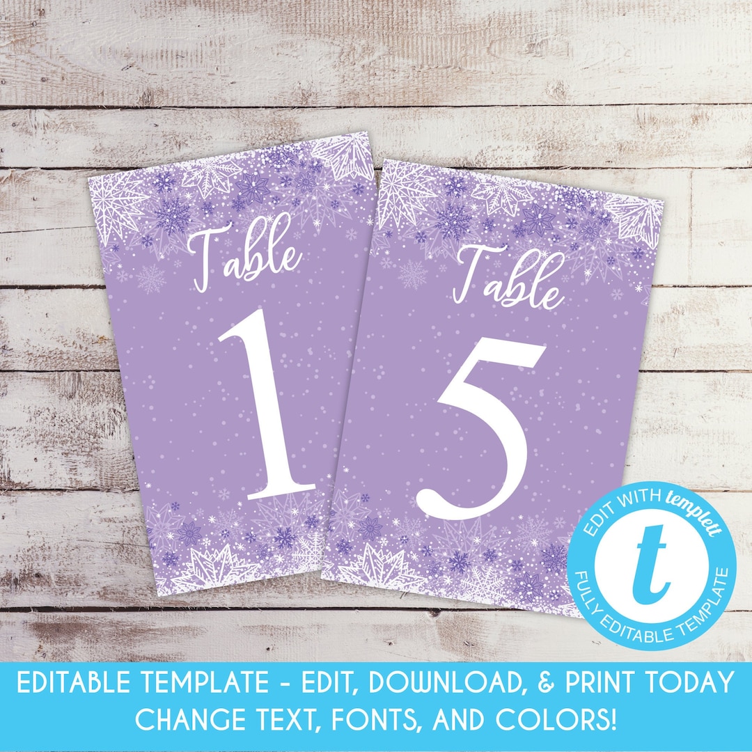 Editable Winter Birthday Party Table Number Cards Purple Snowflake ...