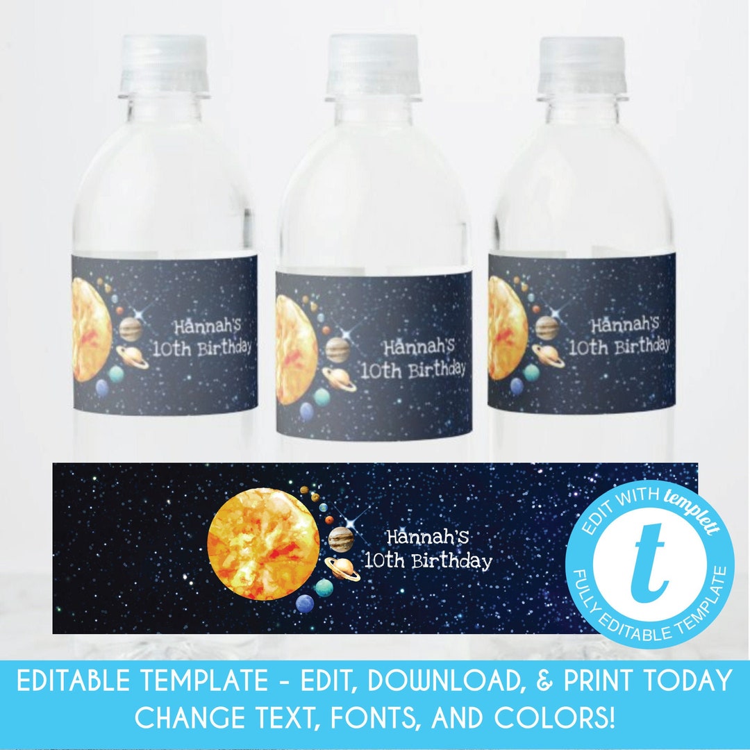 Outer Space Birthday Water Bottle Label: Galaxy Party Decor (editable ...