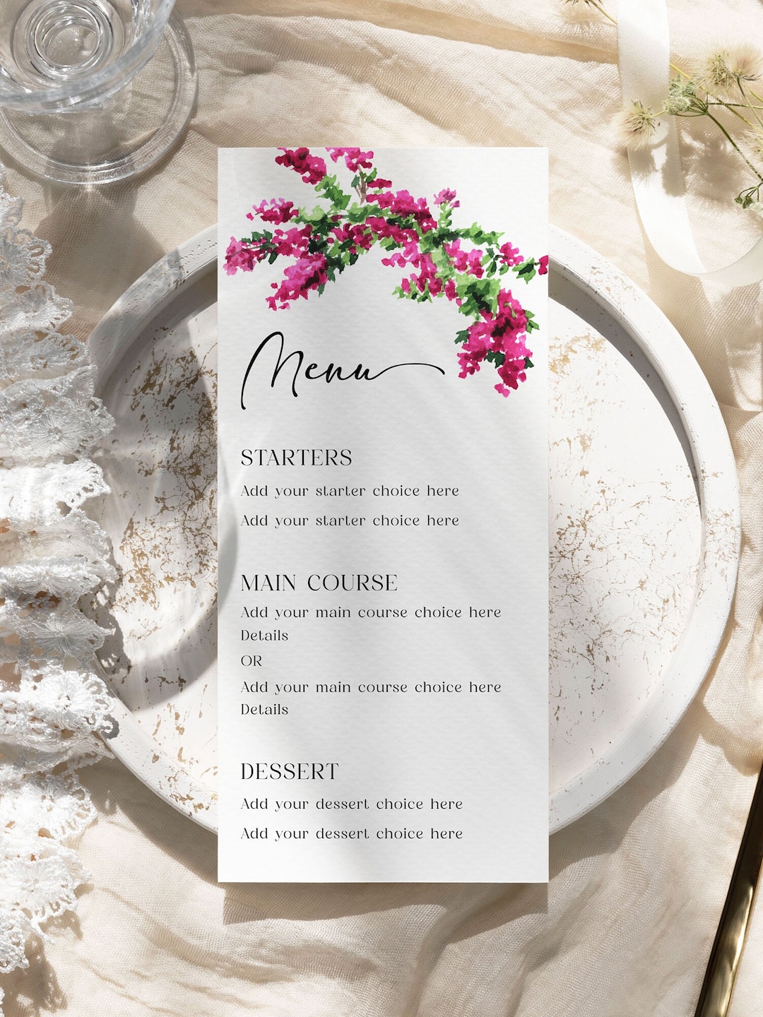 Editable Modern Pink Menu Bougainvillea Wedding Menu Pink Floral ...