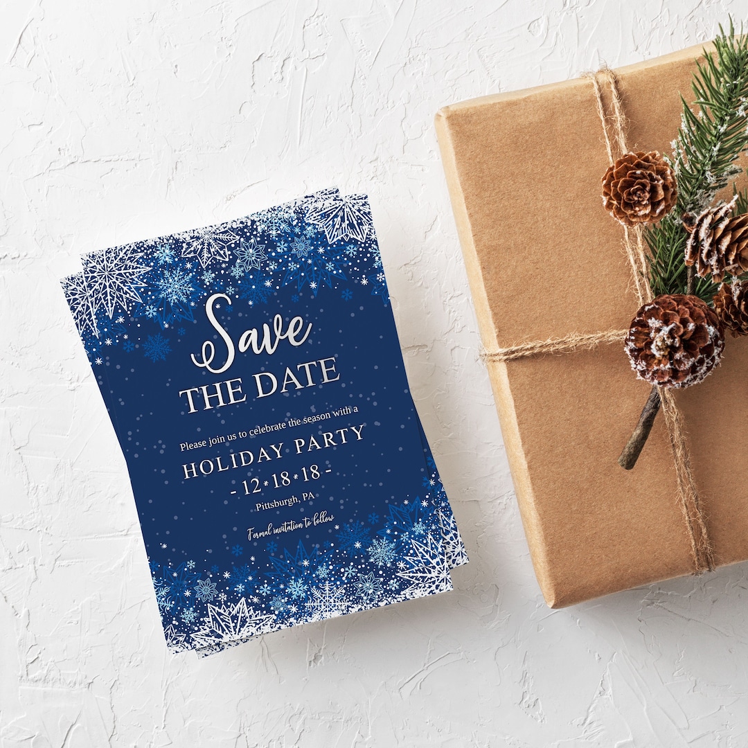 Editable Elegant Holiday Party Save the Date Blue Snowflake Christmas ...