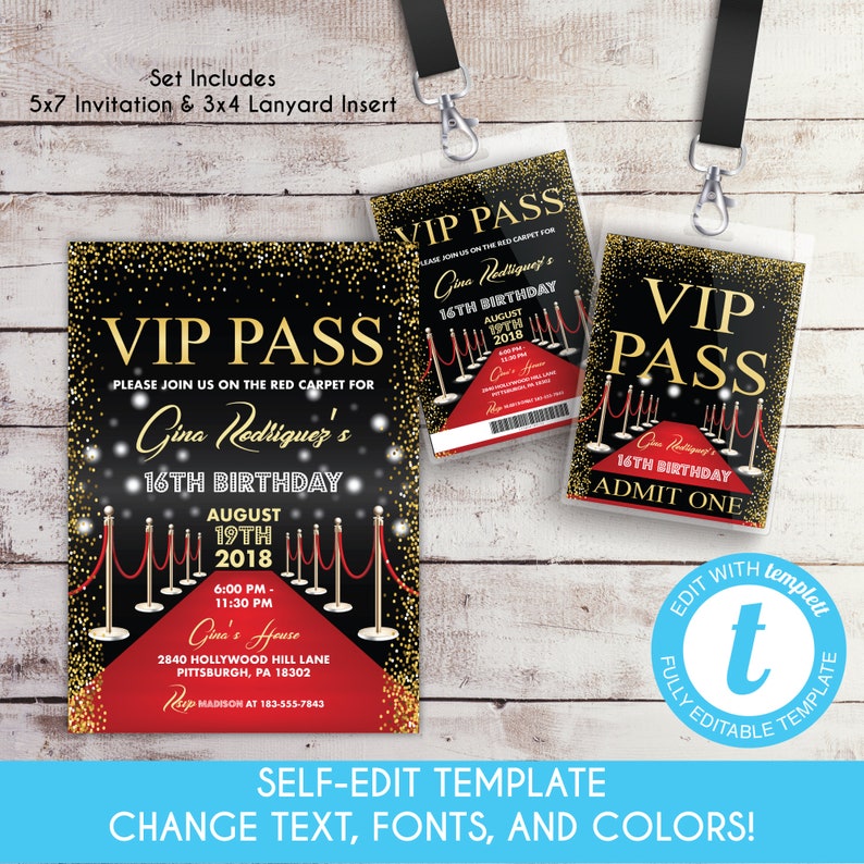 EDITABLE VIP Pass Birthday Water Bottle Labels Hollywood | Etsy