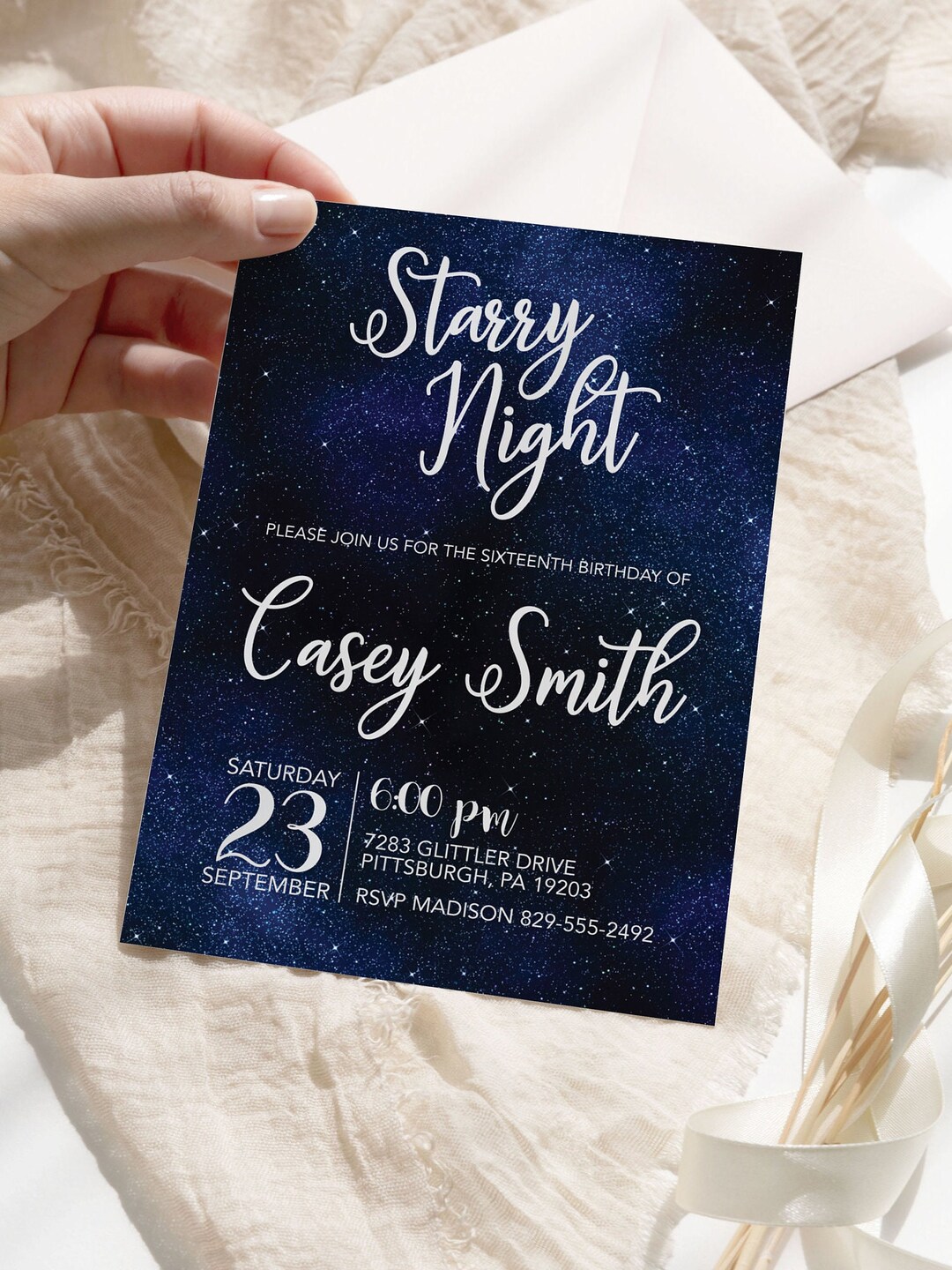Editable Starry Night Birthday Invitation Celestial Invitation Navy ...