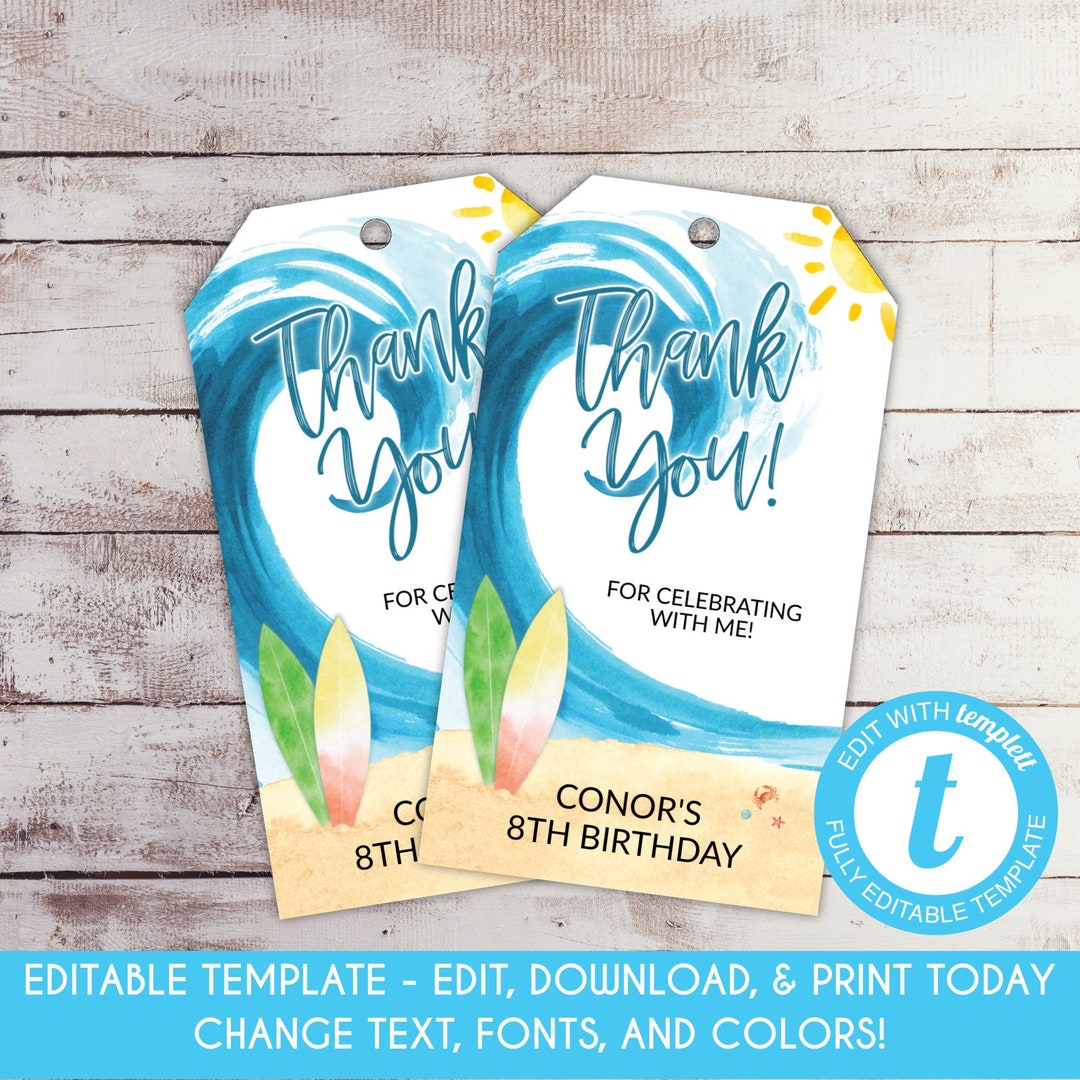 Editable Surf Party Favor Tag Surf Birthday Party Favor Tag Surf Thank ...