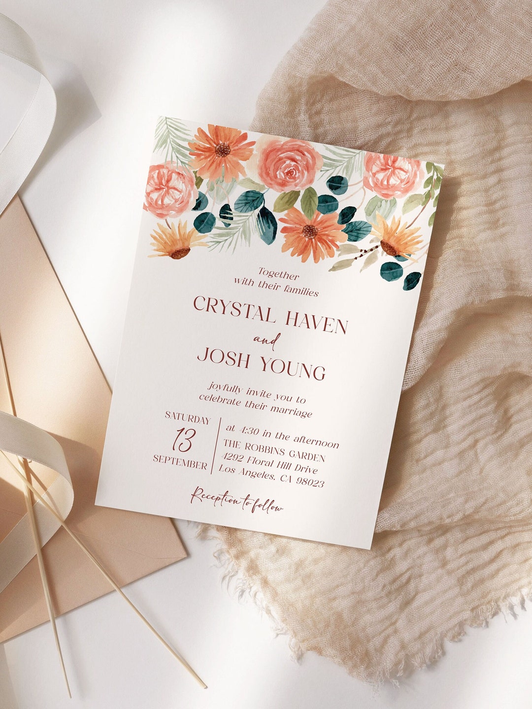 EDITABLE Invitación de boda de terracota Invitación de boda floral de ...