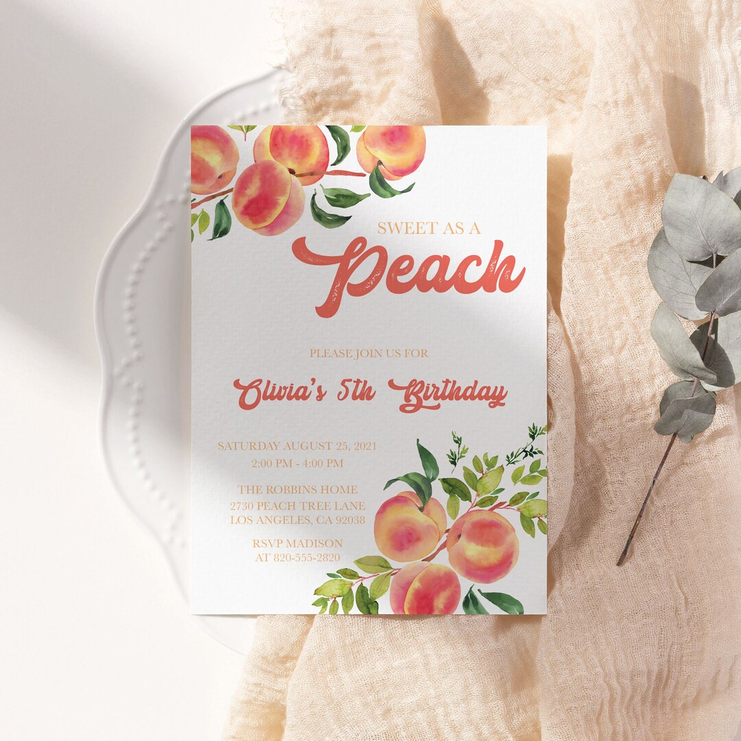 Editable Peach Birthday Invitation Sweet as a Peach Invitation Peach ...