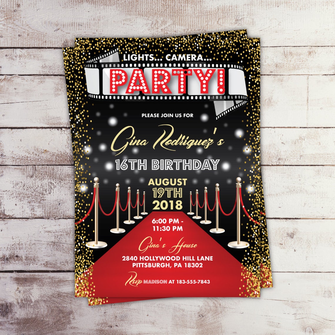 EDITABLE Hollywood Birthday Invitation Lights Camera Party - Etsy