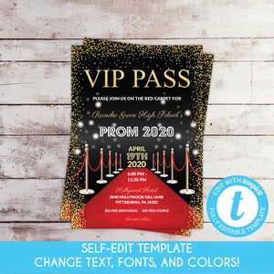 Editable Hollywood Prom Invitation Set Template: VIP Pass Invite, Flyer ...