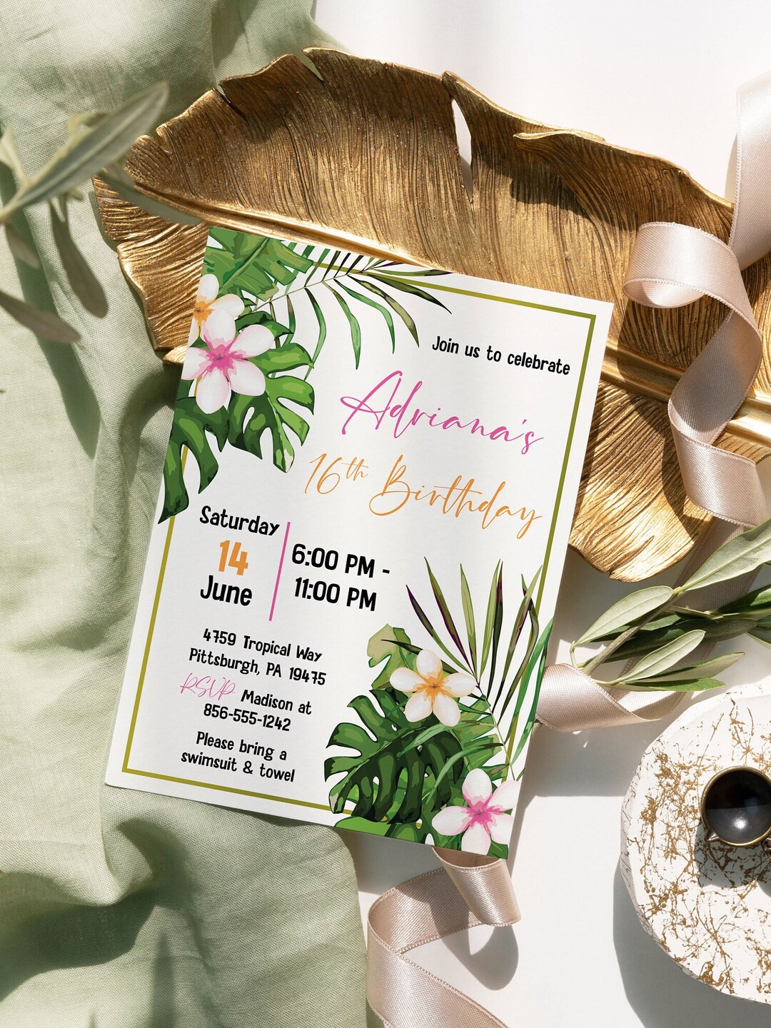 Editable Tropical Birthday Invitation Floral Tropical Sweet 16 ...