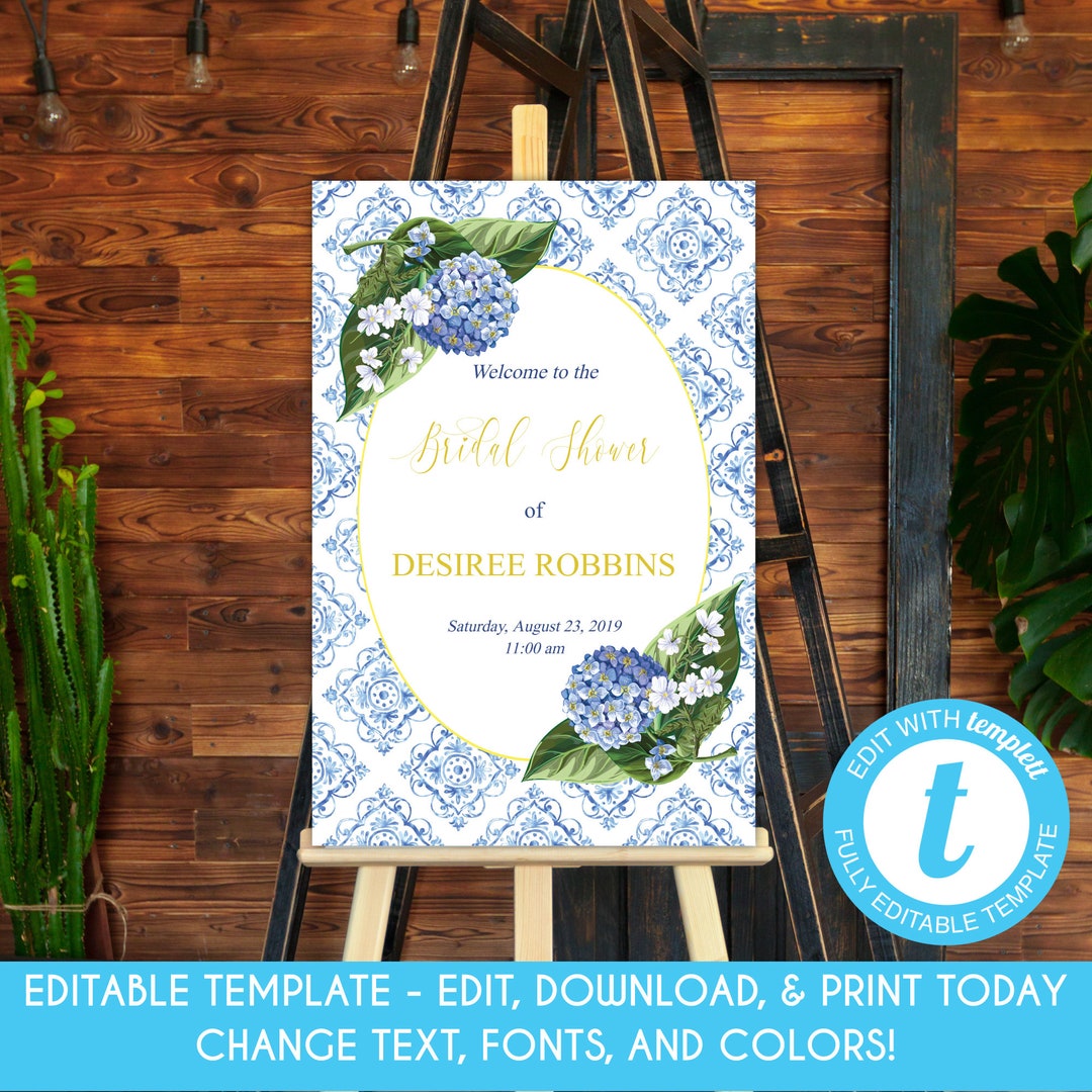 Editable Blue Hydrangeas Bridal Shower Welcome Sign Poster 24x36 ...